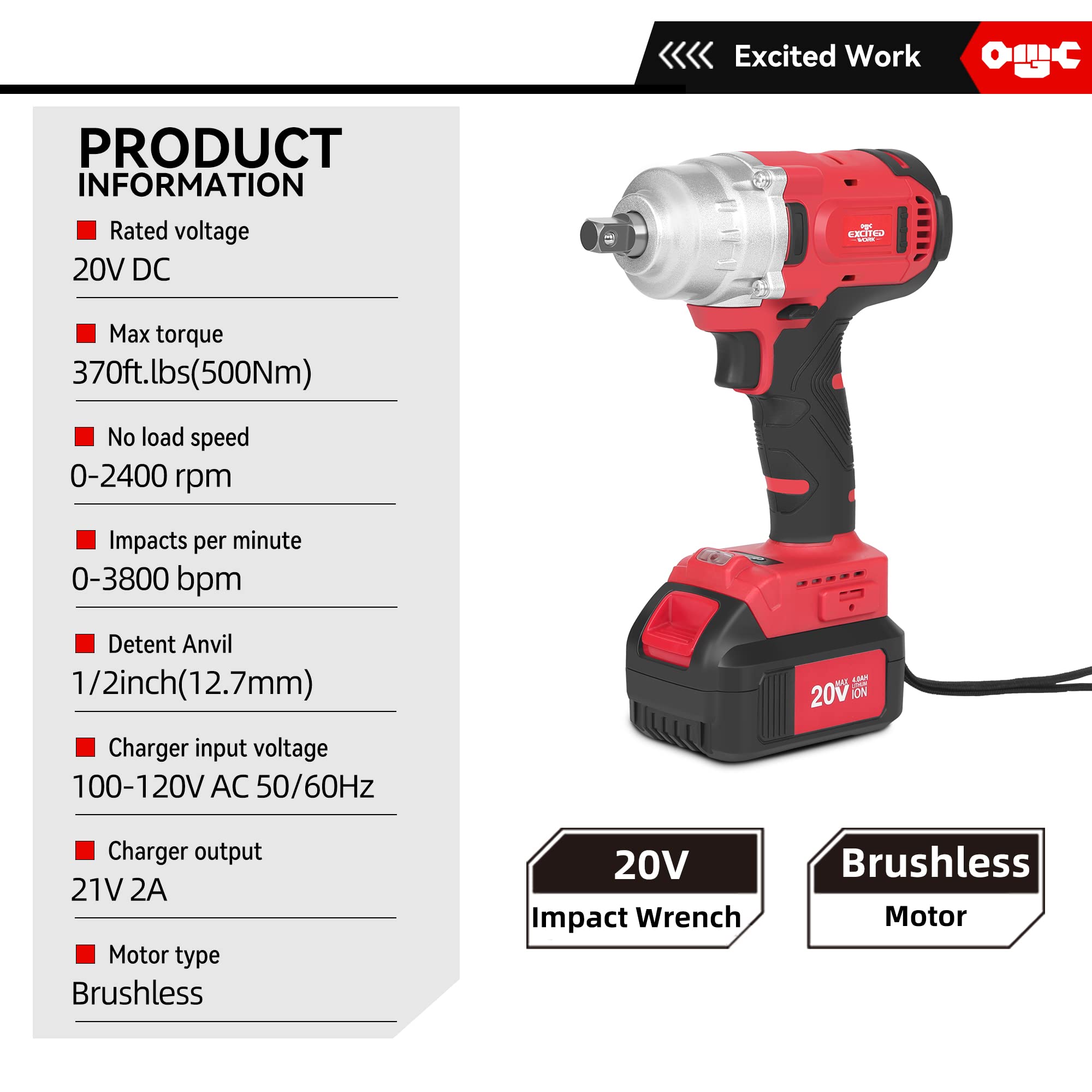 Excited Work 20V Brushless Impact Wrench with 1/2inch 4 Pcs Impact Wrench Socket Set,370 Ft-lbs(500Nm) High Torque,4.0Ah Li-ion Battery Tire Nut Removal Cordless Power Tool