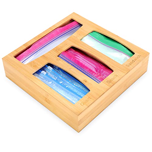 PITCH + PULSE Ziplock Bag Organizer for Kitchen Drawer, Bamboo Bag Holder Dispenser for Sandwich, Quart Slider, Gallon, Snack Plastic Bags, Compatible for Universal Food Storage