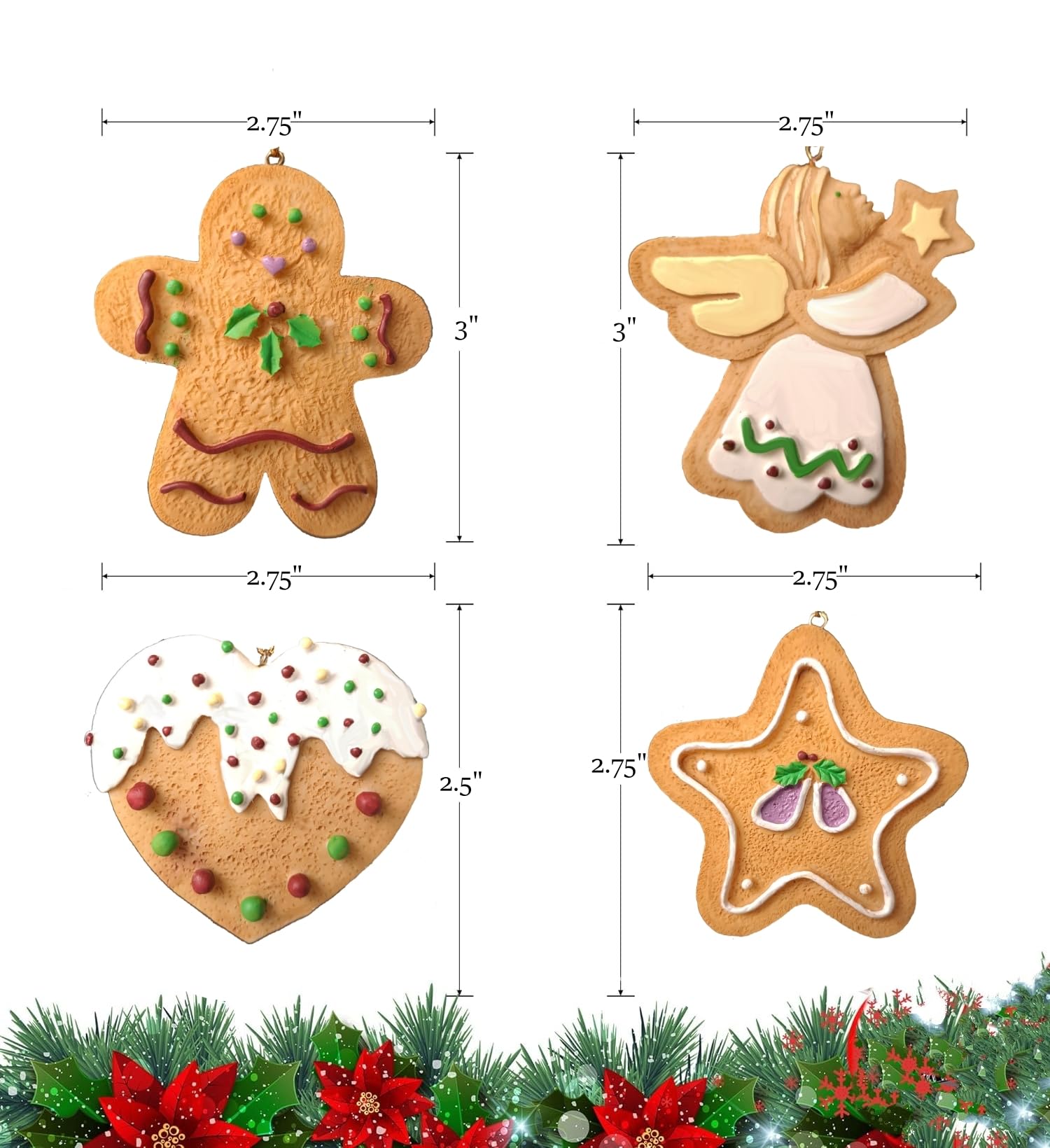 Christmas Ornament 4 piece Set, Festive Clay Decorations for Tree, Man, Boy, Girl, Star, Heart, Angel, and Frosted Gingerbread Cookie Designs - Rustic Shatterproof Classic Tree Decorations