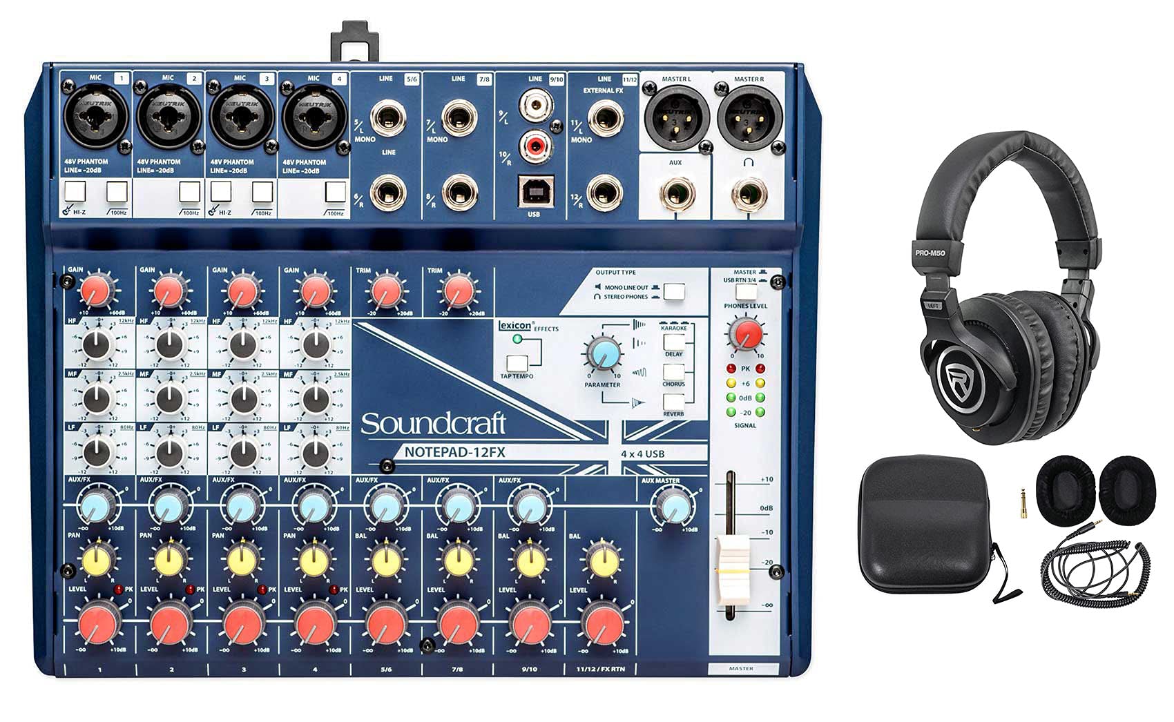 Soundcraft Notepad-12FX 12-Channel Mixer w/ 4x4 USB Interface with Lexicon Effects Bundle with Rockville PRO-M50 Studio Headphones w/ Detachable Coil Cable, Case with Extra Ear Pad