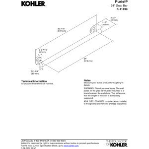 KOHLER 11893-BN Purist 24" Grab Bar for Bathtubs and Showers, Wall-Mount Grab Bars for Bathroom, Vibrant Brushed Nickel