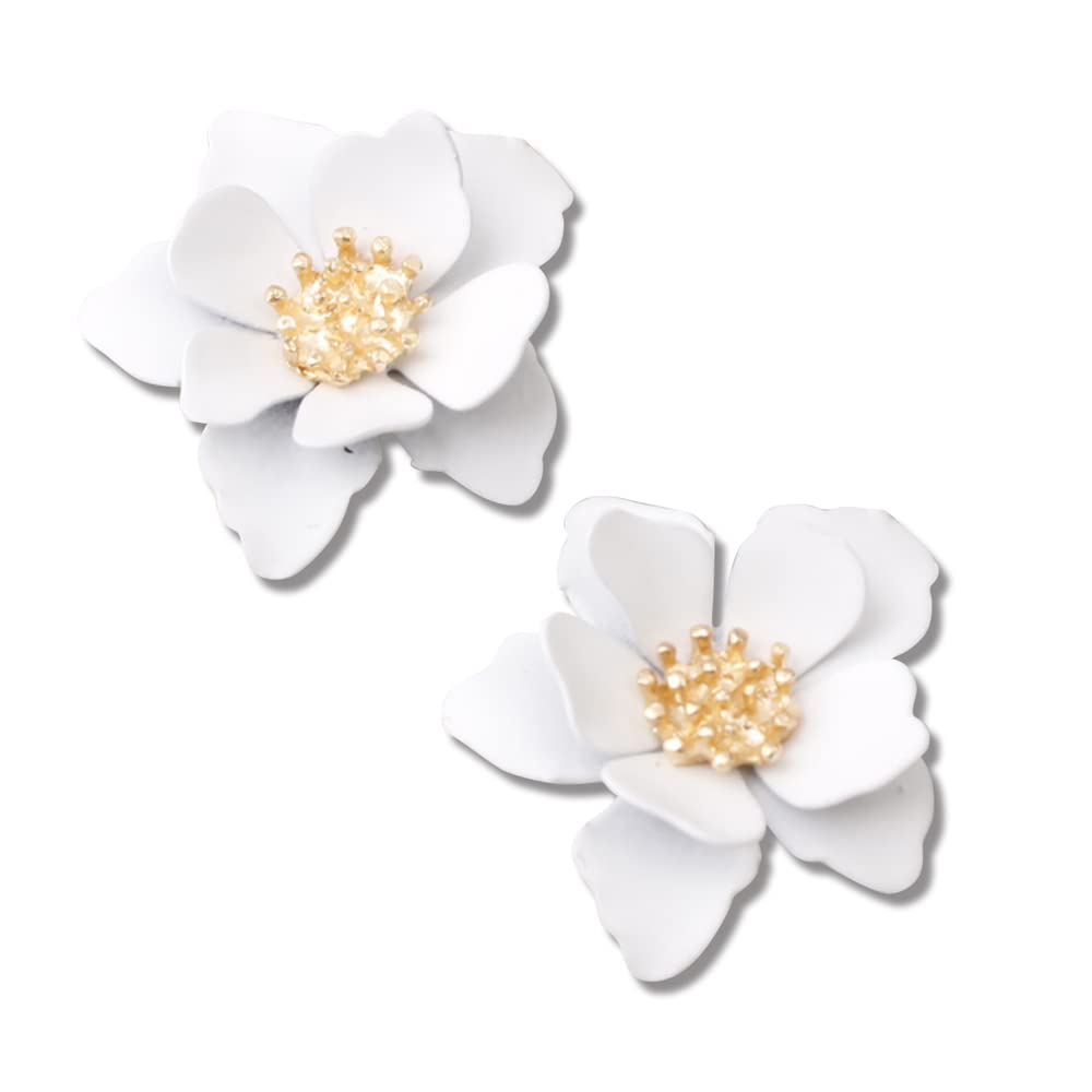 Chic Cute Boho Matte Flower Statement Stud Earrings with Gold Flower Bud for Women Sister Mom Lover and Friends (White)