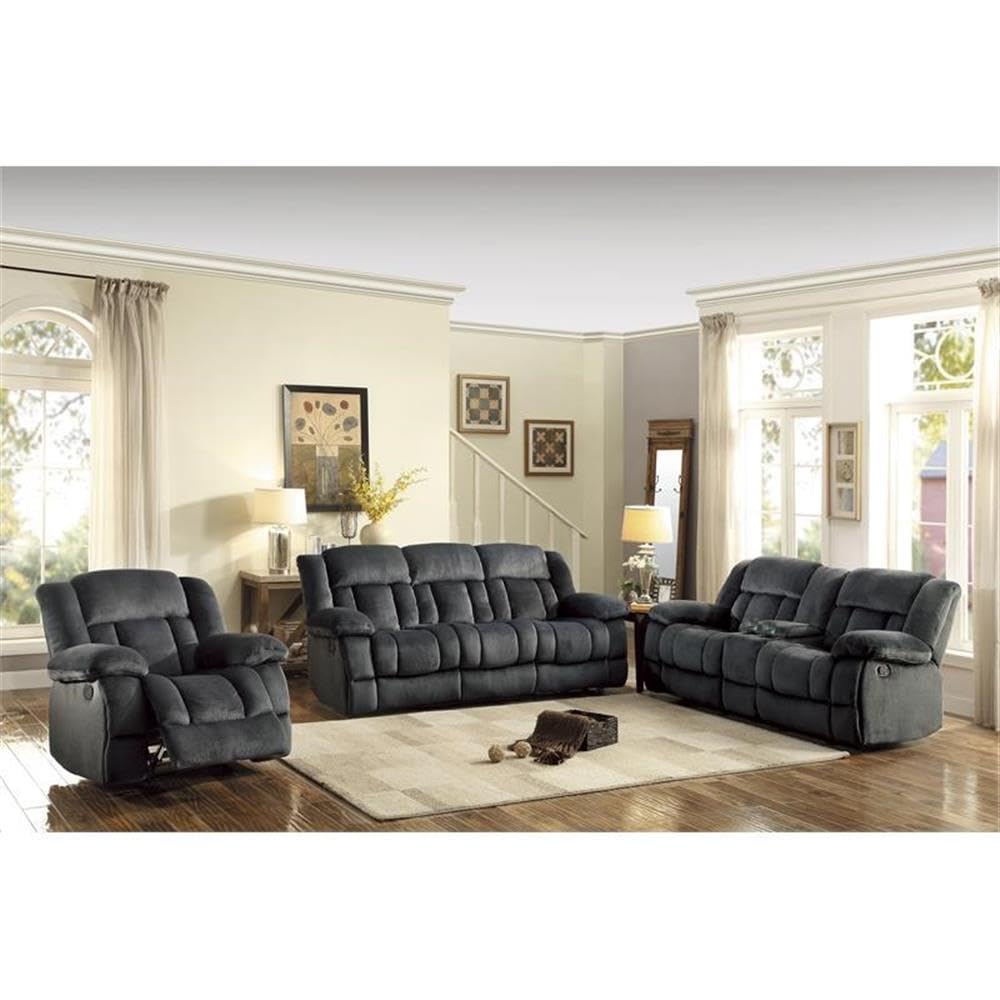 Pemberly Row Plush Double Reclining Sofa, Upholstered 3 Seater Fabric Recliner Couch for Home Living Room, Charcoal