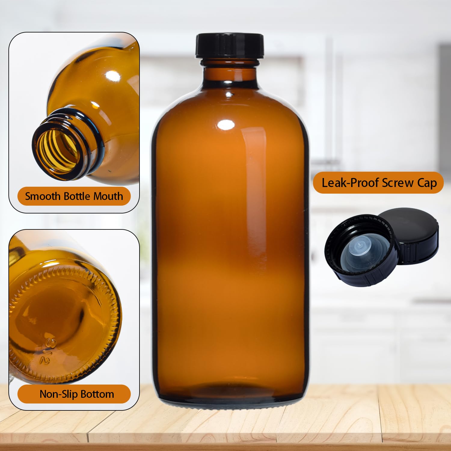 Galssmagic 16 oz Amber Glass Bottle,10 Pack Round Sample Dark Bottles for Oil,Kombucha(Black Caps,Labels and Funnels Included)