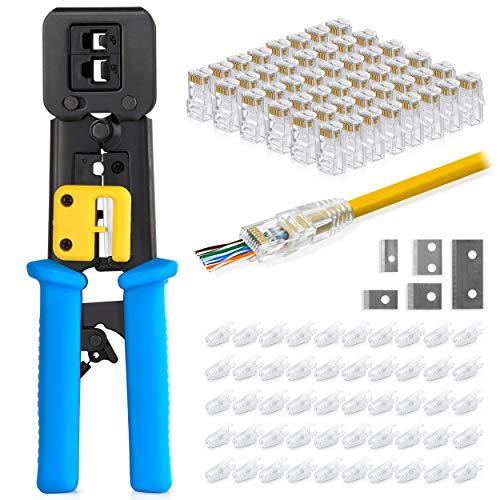 EMS RJ45 Crimp Tool Kit, With 50 Cat6 Pass Through Connectors and 50 Clear Cable Strain Relief Boots + Extra blades - EZ Cut, Strip, Crimp Ethernet Cables