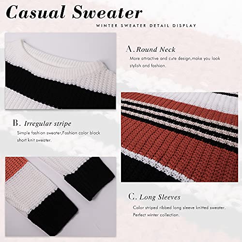 KIRUNDO 2023 Fall Winter Women's Striped Color Block Short Sweater Long Sleeve Crew Neck Casual Loose Knit Pullover Tops(Medium, 1977-Orange)