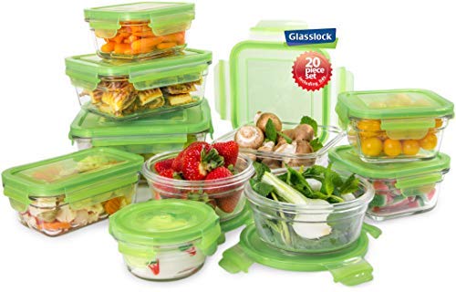Tempered Glasslock Storage Containers 20pc set Green Lids Microwave & Oven Safe Airtight Anti Spill Proof