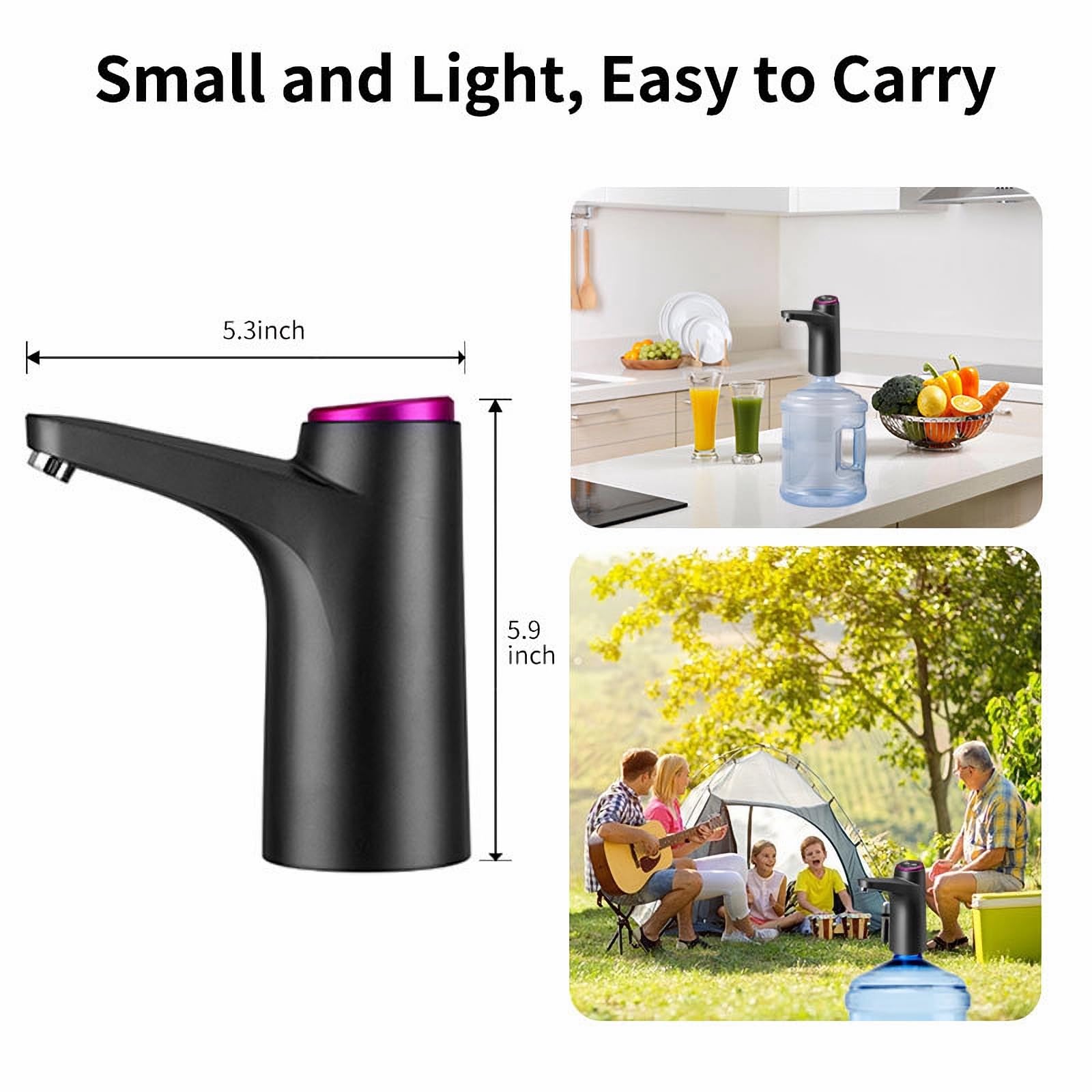 HiPiCok Water Pump for 5 Gallon Jug, 5 Gallon Water Dispenser, USB Charging Water Dispenser, Electric Water Pump for 3 and 5 Gallon Bottle, Black