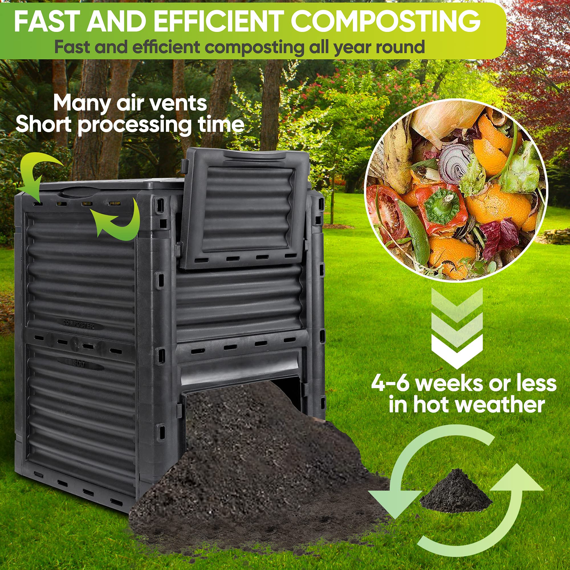 JupiterForce Garden Compost Bin 80 Gallon (300 L) from BPA Free Material, Classic Compost bin by Easy Assembling, Large Capacity, Fast Creation of Fertile Soil, Household Waste Saver, Black