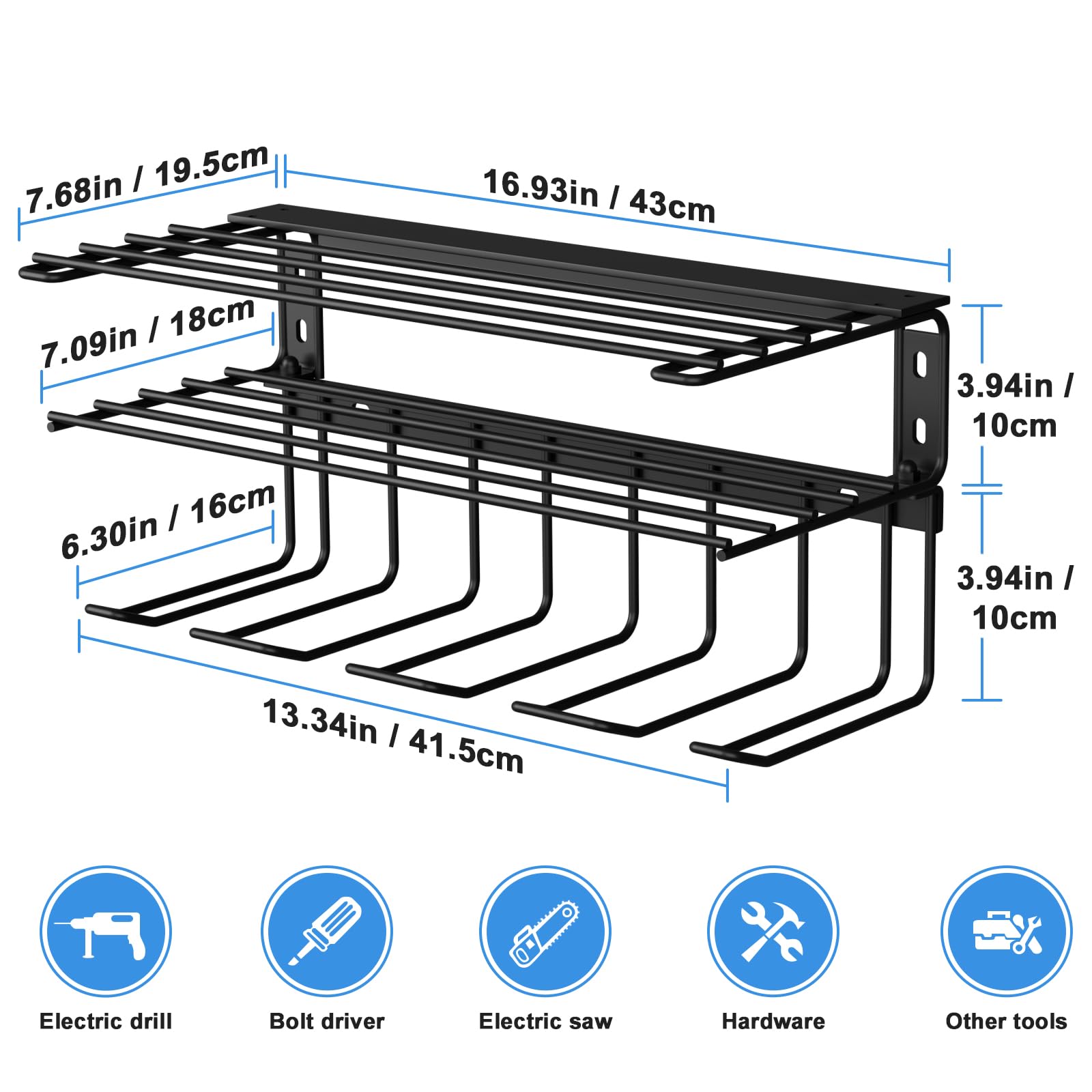 Heavy Duty Tool Organizer with charging station, 3 Layers Garage Pegboard Tool Rack, Power Tool Organizer Wall Mounted with 7 -Hole outlets Surge Protector, 4 Power Drill