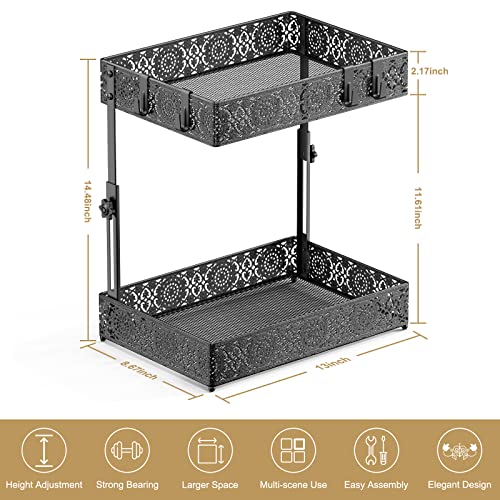 Iirios Under Sink Organizers and Storage, Height Adjustable 2-Tier Bathroom Cabinet Organizer, Metal Bathroom Sink Organizer with 4 Hooks, Multi-use Under Sink Storage for Bathroom Kitchen, 2 Pack