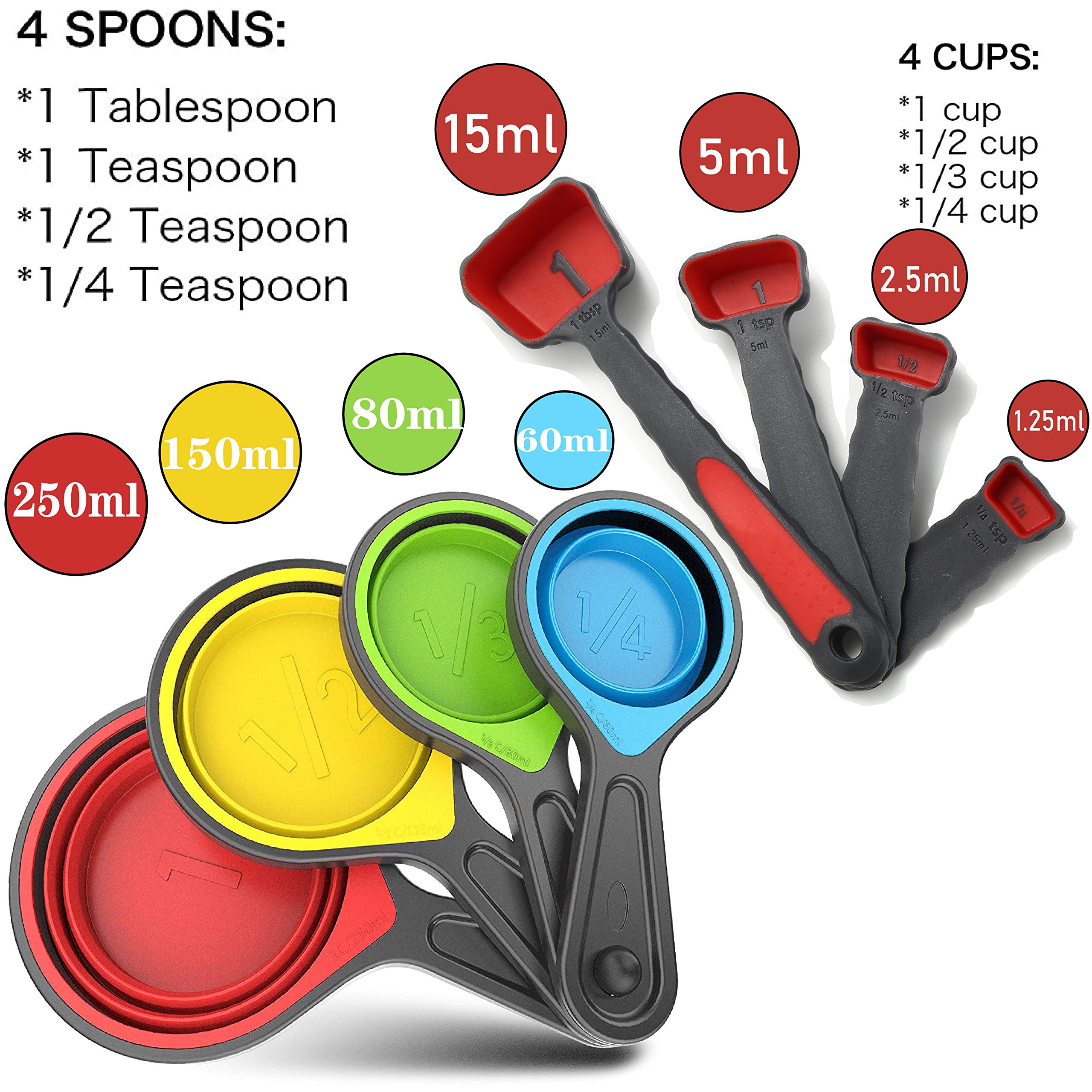Collapsible Silicone Soft Measuring Cups and Measuring Spoons,8 pieces Portable Food Grade Silicone Measurement Cup for Liquid & Dry Measuring Baking &Utensils & Travel Measuring Cup,space saver