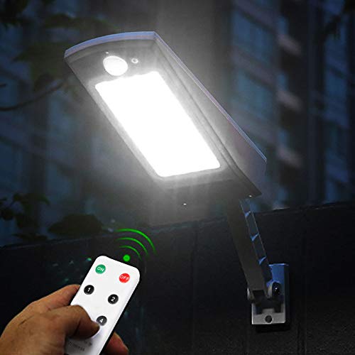 Outdoor Solar LED Wall Light IP65 Waterproof Area Security Night Lighting Wireless Dusk to Dawn Motion Sensor Lamp Remote Controlled 4 Working Modes for Garden, Fence, Patio, Yard, 900LM 6000K