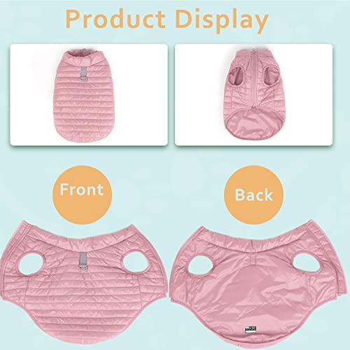 Harikaji Dog Winter Coat with D Ring,Super Light Small Dogs Warm Coat Zip Waterproof Pet Cat Warm Jacket Vest Apparel for Small Medium Dogs(Pink,L)