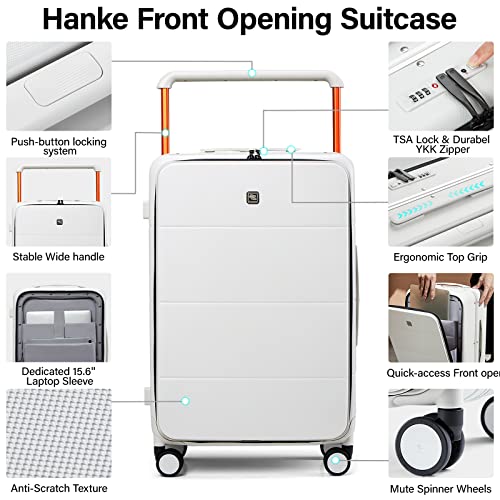 Hanke Carry On Luggage Airline Approved Hard Shell Suitcase with Spinner Wheels TSA Luggage Travel Suitcases Wide Handle for Men Women(Smoke White)