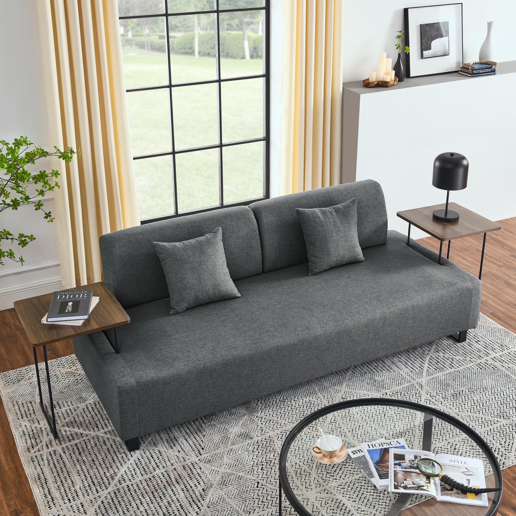ERYE Morden Upholstered 3-Seat Couch Linen Upholstered 3 Seat Sofa Couch with Two End Tables and 2 Pillows, Free Transformation Removable Back and Armrests for Living Room