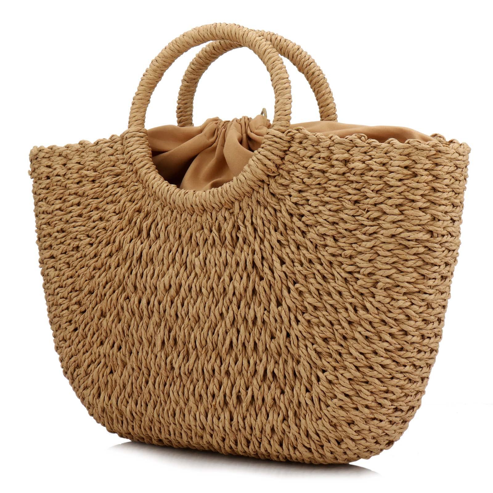 Summer Rattan Bag for Women Straw Hand-woven Top-handle Handbag Beach Sea Straw Rattan Tote Clutch Bags (Beige)