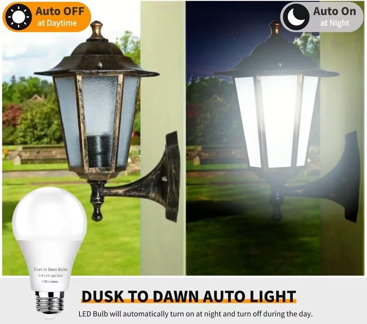 GEPLAD 6 Pack Dusk to Dawn Light Bulbs Outdoor, Sensor A19 LED Light Bulb, Auto on/Off Photocell Automatic for Outdoor Lighting, 5000K Daylight,1,100 Lumens