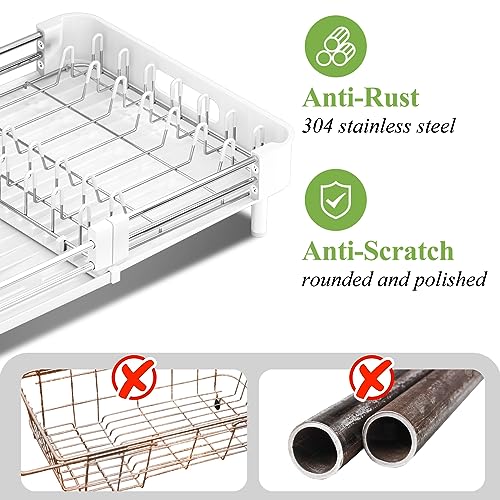 Kitchen Counter Dish Drainers Rack, Auto-Drain Expandable(13.2"-19.7") Stainless Steel Large Strainers Over Sink Drying Rack Drainboard with Utensil Holder Caddy Organizer, White