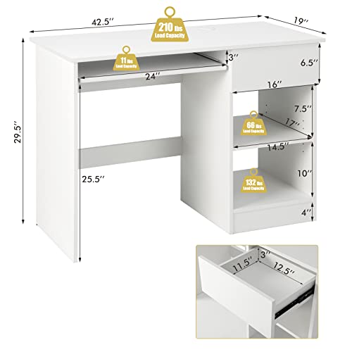 IFANNY White Computer Desk with Drawers, Modern Office Desk with Keyboard Tray and Open Storage Shelf, Work Desk for Home Office, Small Computer Desk for Small Spaces…