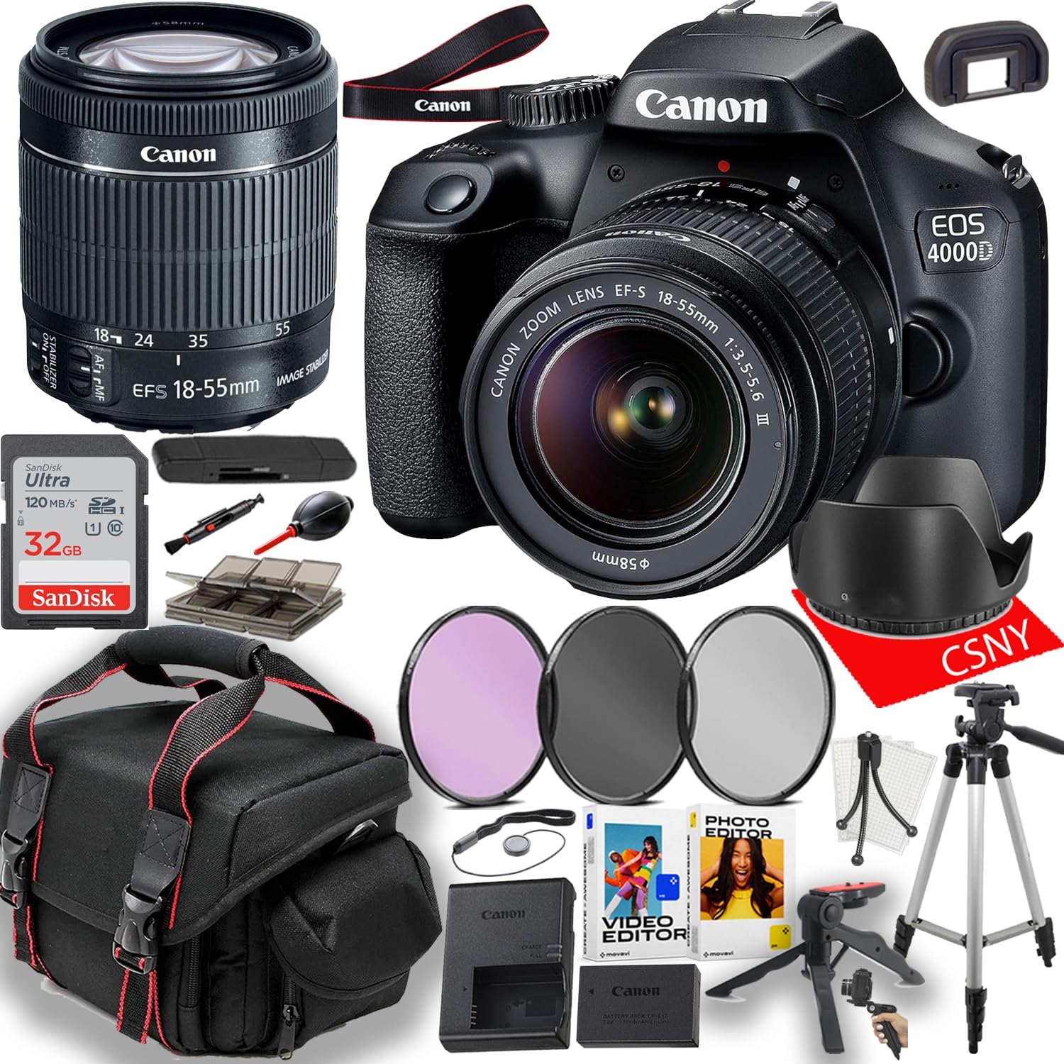 Canon EOS 4000D (Rebel T100) DSLR Camera with 18-55mm Lens + Filters + Tripod + Mini Tripod + PC Software + More (21 pc Bundle)