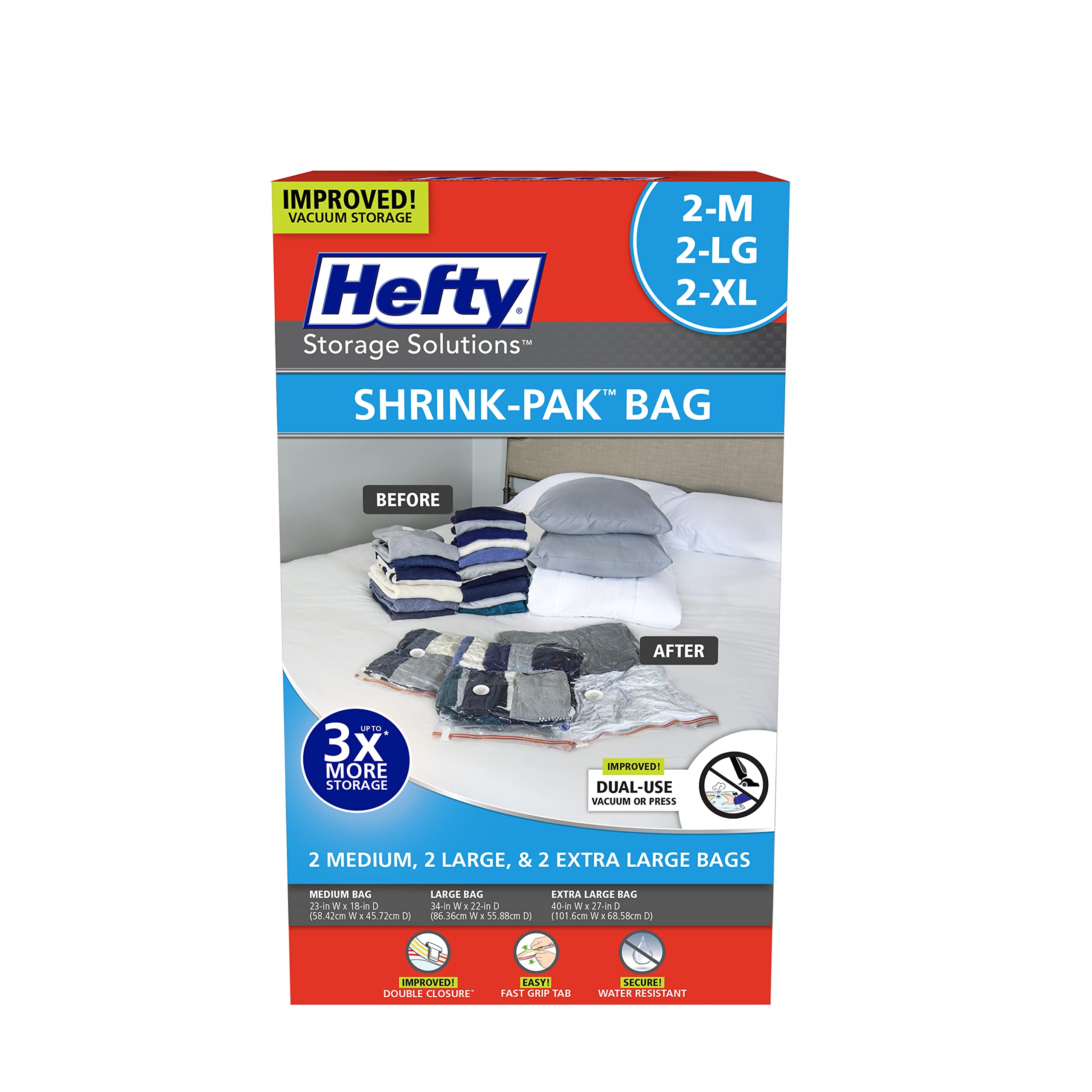 Hefty Shrink-Pak - 2 Medium, 2 Large, 2 XL Vacuum Seal Storage Bags – Space Saver Bags for Clothing, Pillows, Towels, or Blankets, 6 Pc Set