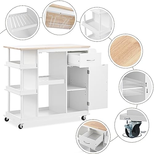 Kitchen Island Cart on Wheels with Storage Drawers, Multipurpose Kitchen Cart Cabinet with Side Storage Shelves and Wine Rack Kitchen Island with Rubber Wood Top for Dining Room, Home, Bar, White
