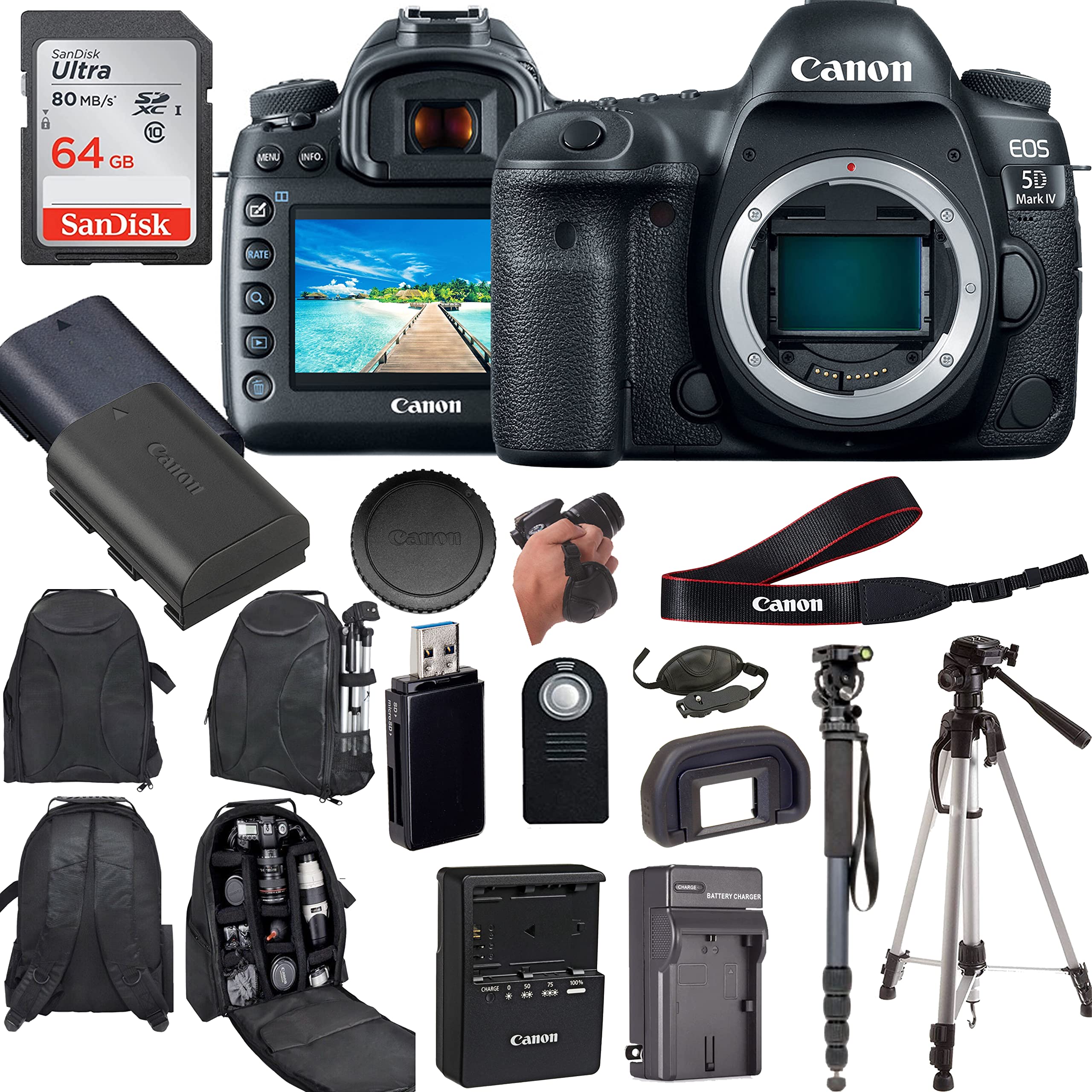 Canon EOS 5D Mark IV Digital SLR Camera (Body Only) Enhanced with Professional Accessory Bundle - Includes 14 Items