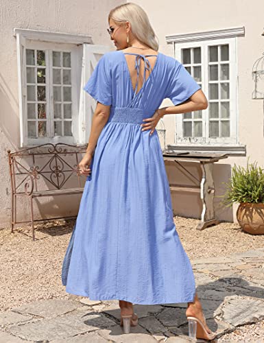 KOJOOIN Womens V Neck Short Sleeve Solid Long Dresses Smocked High Waist Slit Maxi Dress Blue M