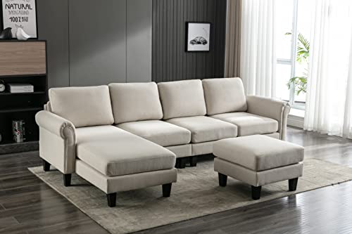 ERYE U-Shaped Sofa Couch Linen Upholstered Sectional Sofa&Couch with Ergonomical Curved Armrests and Movable Ottoman/Chaise for Home Office Apartment Living Room