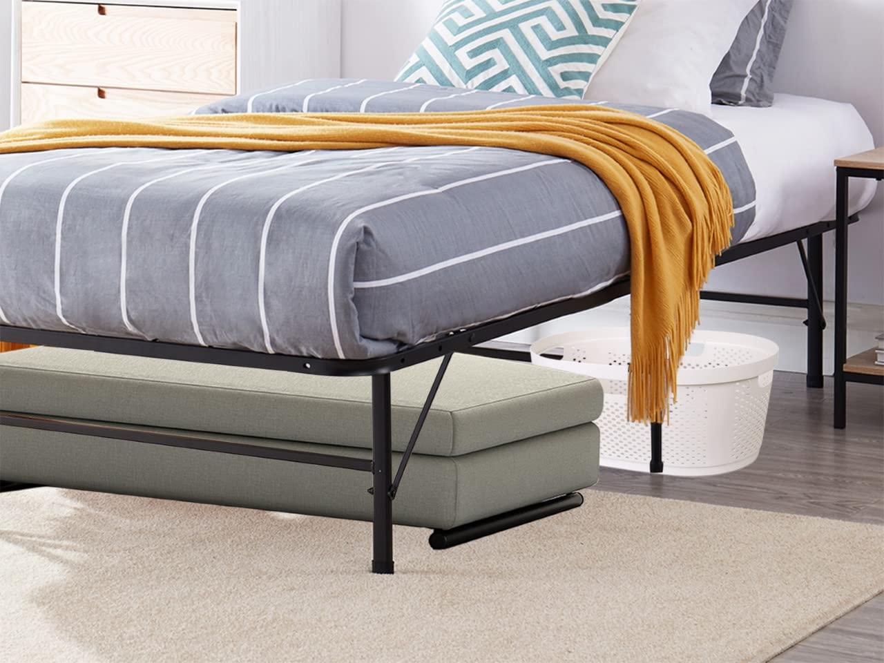 IdealBase 14" Twin Bed Frame Heavy Duty Foldable Bed Frame Folding Bed Frame with Steel Metal Slats Mattress Foundation Box Spring Replacement 600lbs Capacity Platform Bed Twin Bed Frame Size, Black