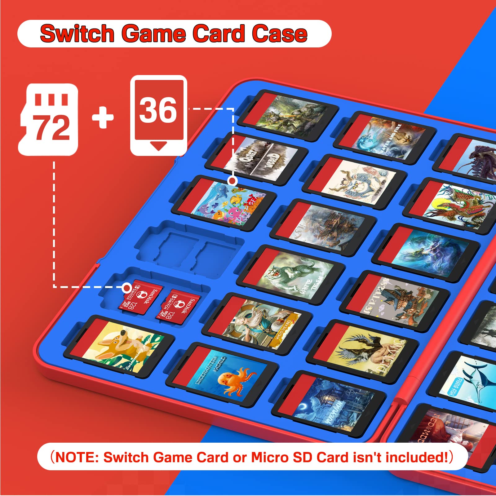 CYKOARMOR Switch Game Case for Nintendo Switch/OLED/Lite, Switch Game Holder with 36 Games Storage and 72 Memory Cartridge Slots, Portable Switch Game Card Case with Magnetic Closure, Red Blue