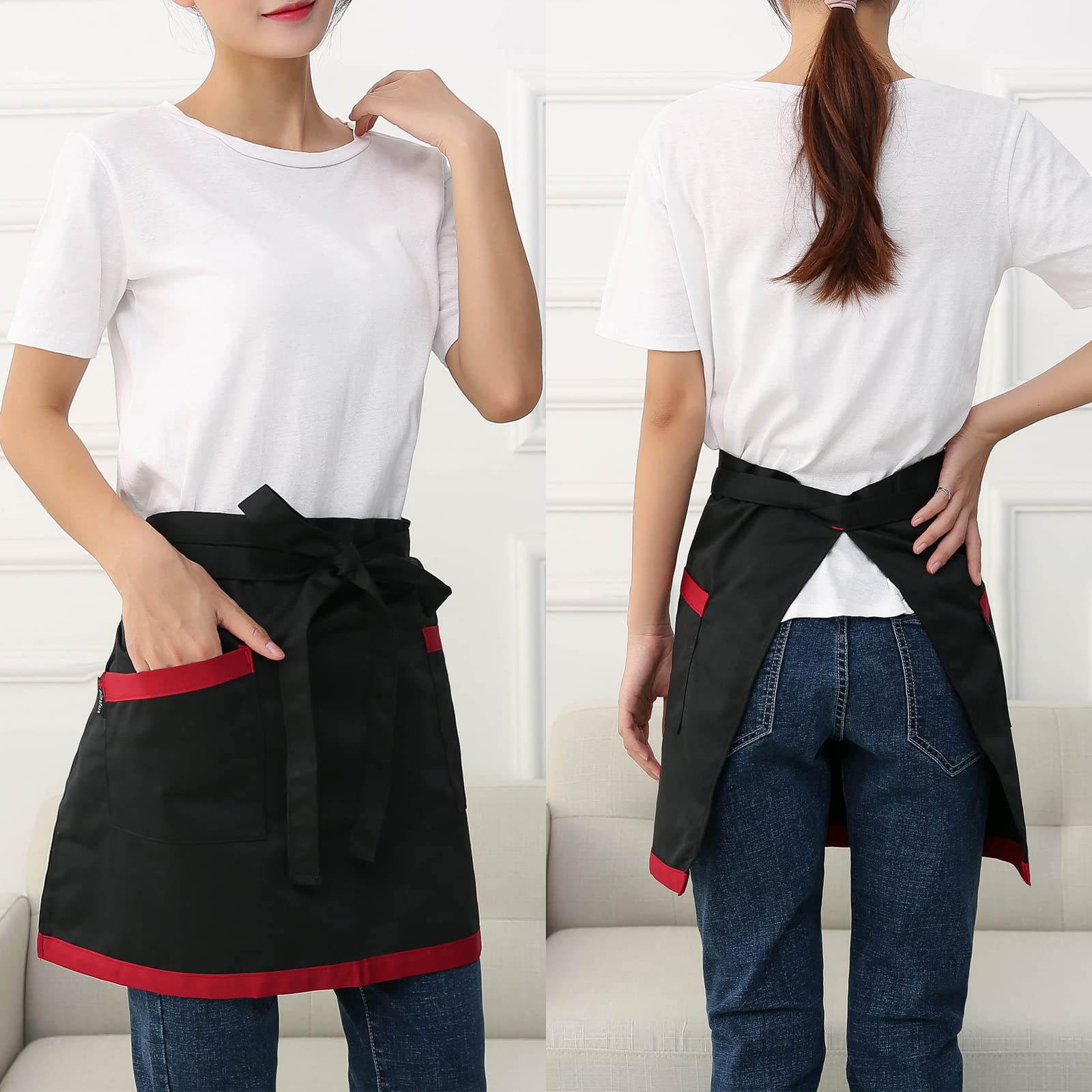 eywlwaar Waist Apron with 2 Pockets Unisex Half Short Apron for Waitress Server Waiter (Black-3Packs)