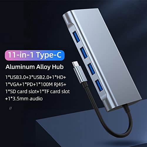 ERYUE Type-C 11-in-1 Hub Aluminum Alloy Shell with USB2.0 USB3.0 HD VGA PD RJ45 Ports SD TF Card Slots 3.5mm o Interface