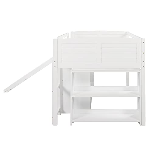 Harper & Bright Designs Twin Low Loft Bed with Slide and Storage, Solid Wood Low Loft Bed Frame with Storage Cabinets and Shelves, for Kids Teens Girls Boys (Twin Size, White)