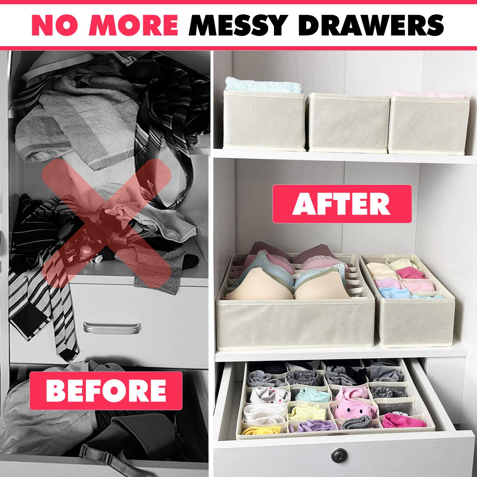 JM PLUS LLC 6 Pack Underwear Organizer with dividers, 58 Cell Drawer Organizer for Clothing Foldable Non-Woven Fabric Dresser Organizer & Storage Boxes for Socks Bra Panty Scarf Ties (Beige)