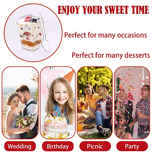 Hiasobre 50Pack 5oz Clear Plastic Dessert Cups with Lids and Spoons, Reusable Square Parfait Appetizer Cups, Party Trifle Shooter Serving Cups, Mini Dessert Shot Glasses for Tasting
