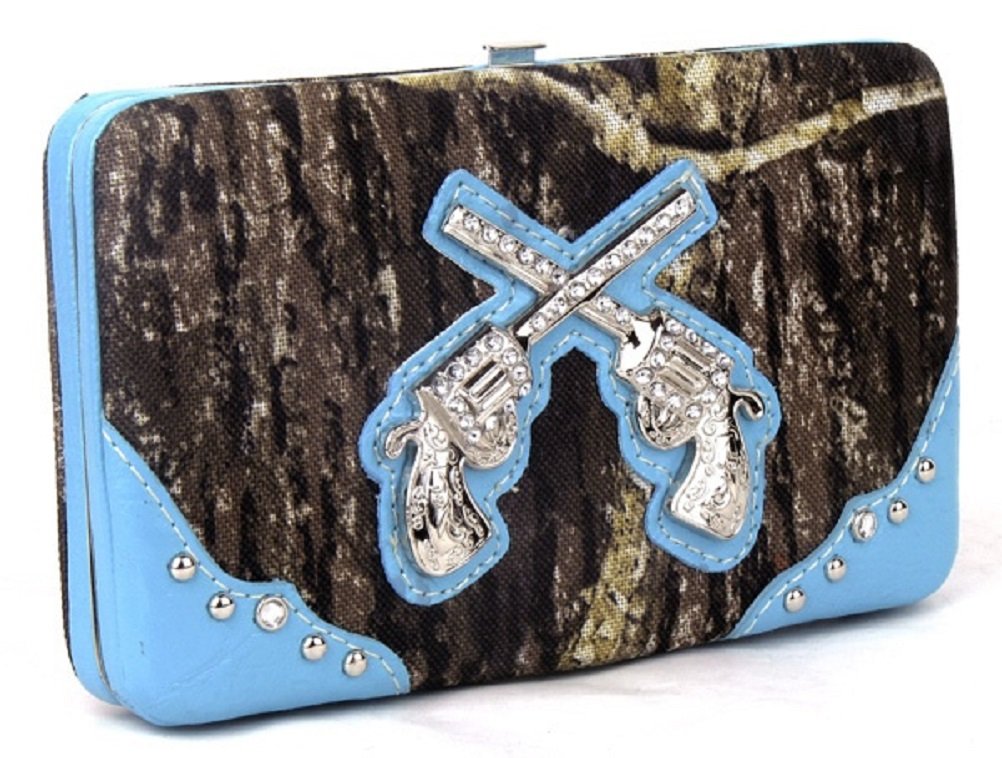 Western Handbag Camouflage Gun Pistol Pocket Camo Rhinestone Purse With Matching Wallet (BLUE)