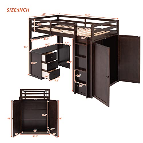 Harper & Bright Designs Twin Size Loft Bed with Desk and Wardrobe, Wood Loft Bed Frame with Storage Drawers and Full-Length Guardrails, High Loft Bed for Kids Teens Boys and Girls (Espresso)