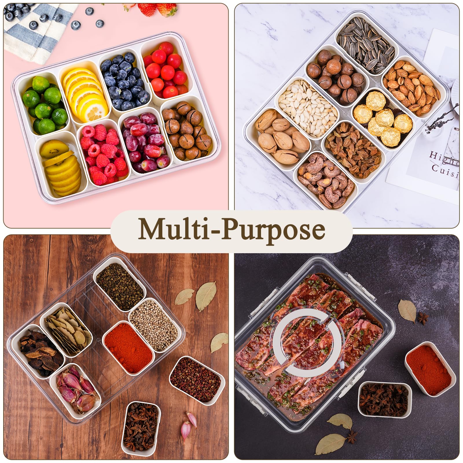 Divided Serving Tray with Lid & Handle - Portable Snackle Box Charcuterie Container for Snack Platters - 8 Compartments Snack Boxs for Candy, Fruits, Nuts - Perfect for Party, Entertaining(White)