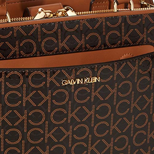 Calvin Klein Margot Textured Logo Satchel, Brown/Khaki/Caramel Embossed