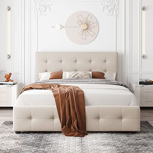 Harper & Bright Designs Queen Size Upholstered Platform Bed with Storage, Queen Bed Frame with 4 Drawers and Tufted Headboard for Teens Adults, No Box Spring Needed, Beige
