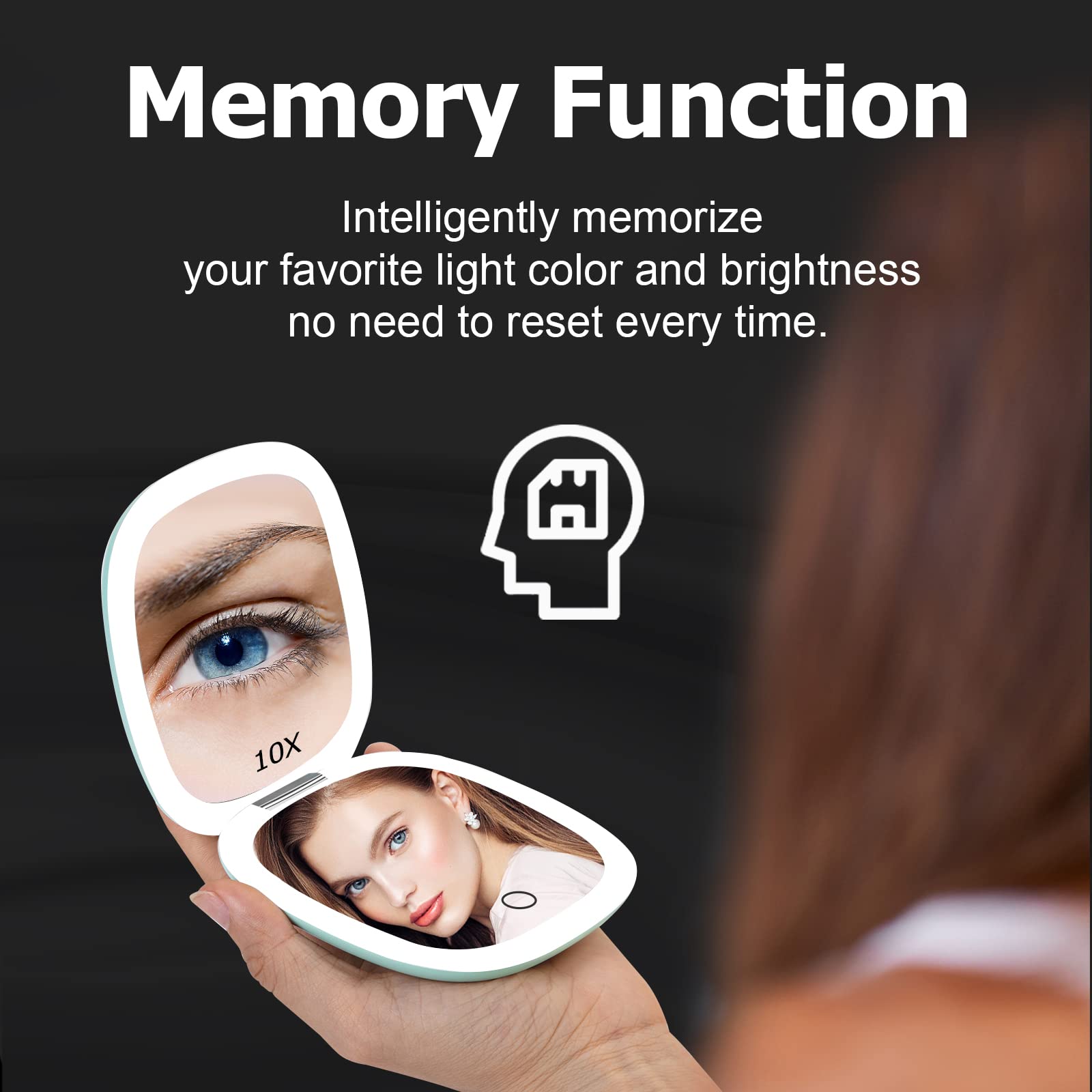 merifun LED Lighted Compact Makeup Mirror, Travel Magnifying Mirror 1x/10x - 56 LED Lights, Touch Sensor, 3 Colors Lights & Brightness Dimmable- Magnetic Closure, Rechargeable (Aqua)