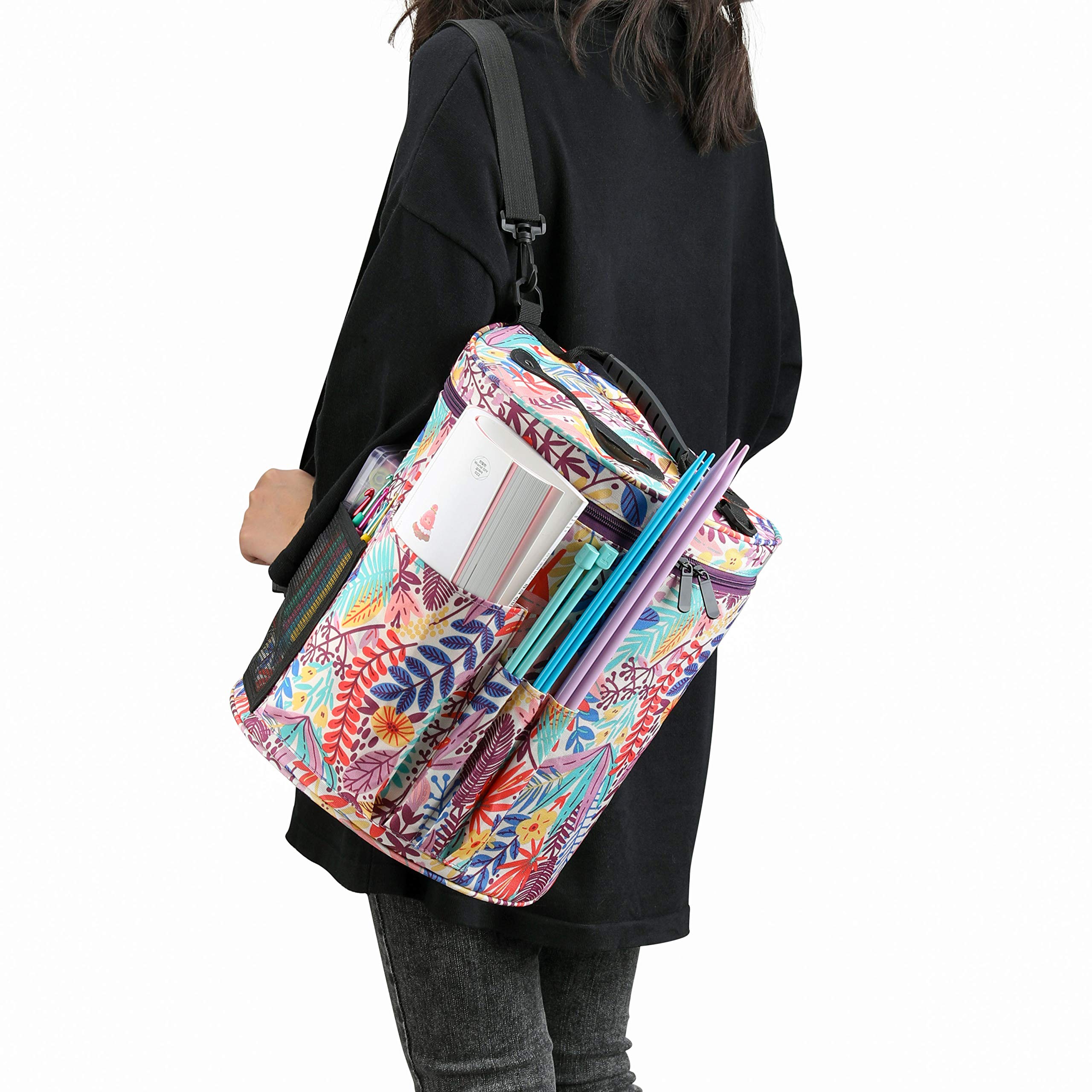 KOKNIT Durable Yarn Storage Tote, Yarn Organizer Crochet Bag with Knitting Accessories Pockets for Beginners and Craft Lovers, Slits on Top to Protect Wool and Prevent Tangling