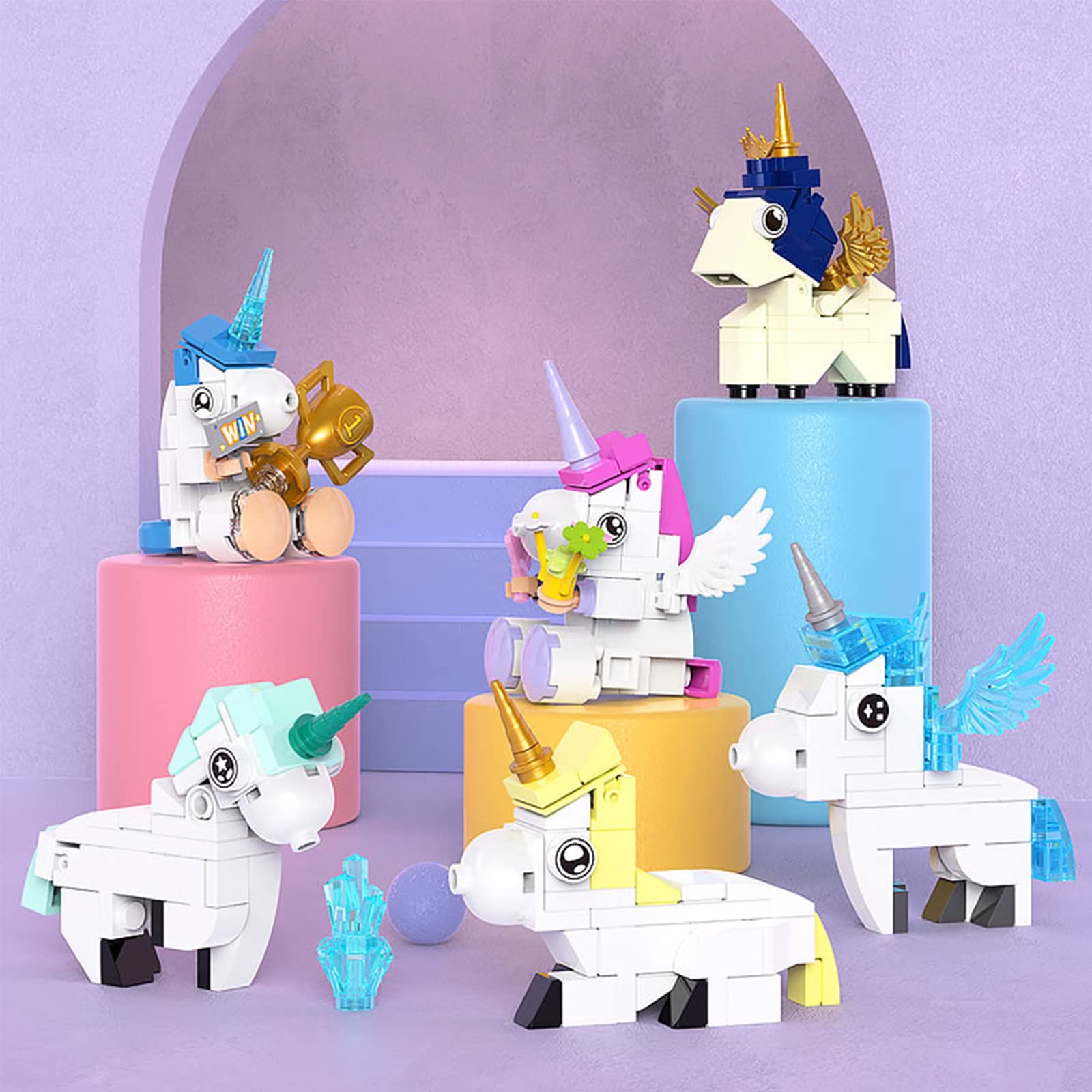 Chifafortoo Unicorns Building Blocks Set Toys & Acrylic Display Box with Led Lights, 6 Artificial DIY Creative Unicorns Arts and Crafts for Kids 5+, Micro Mini Bricks Kit Compatible with Lego