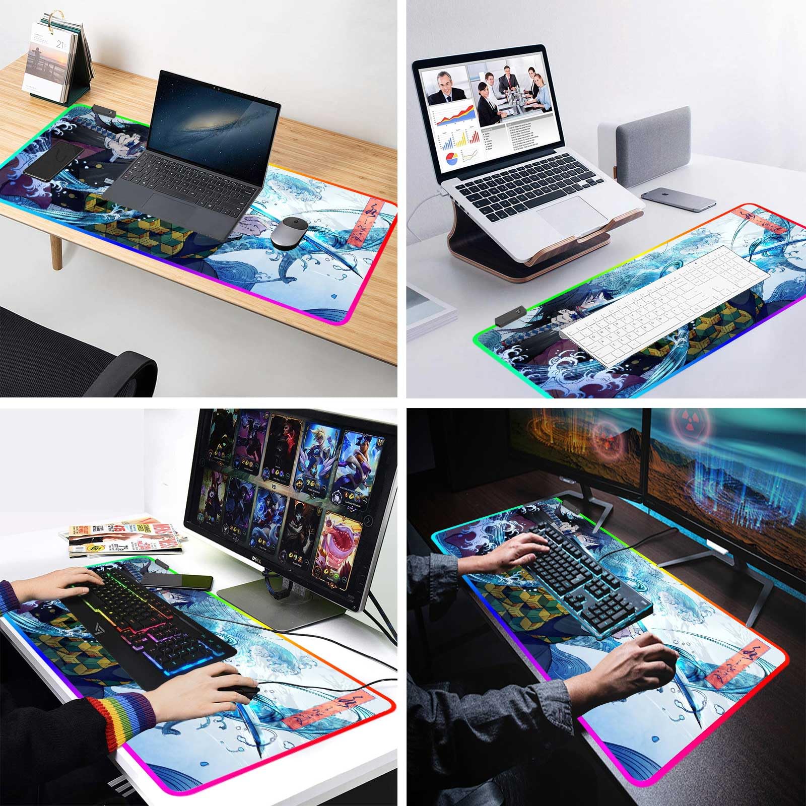 RGB Large Gaming Mouse Pad Anime Giyu Sword,Laptop Desk Pad,Mousepad with Stitched Edge Frame & Non-Slip Rubber Base,Computer Keyboard and Mice Pads Mouse Mat 31.5X15.7