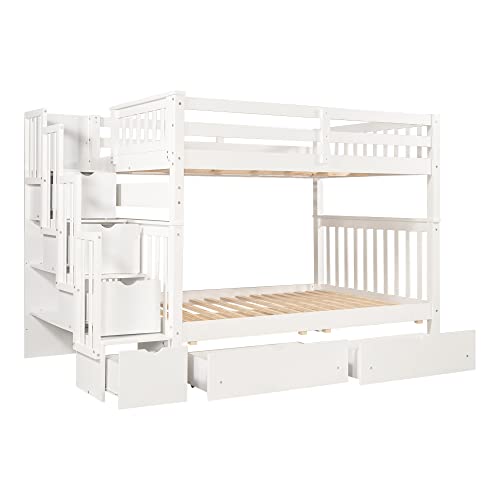 Harper & Bright Designs Full Over Full Bunk Beds with Storage Drawers and Stairway, Wood Bunk Bed Frame, Convertible Bunk Bed for Kids, Teens, Bedroom, Guest Room Furniture (White)