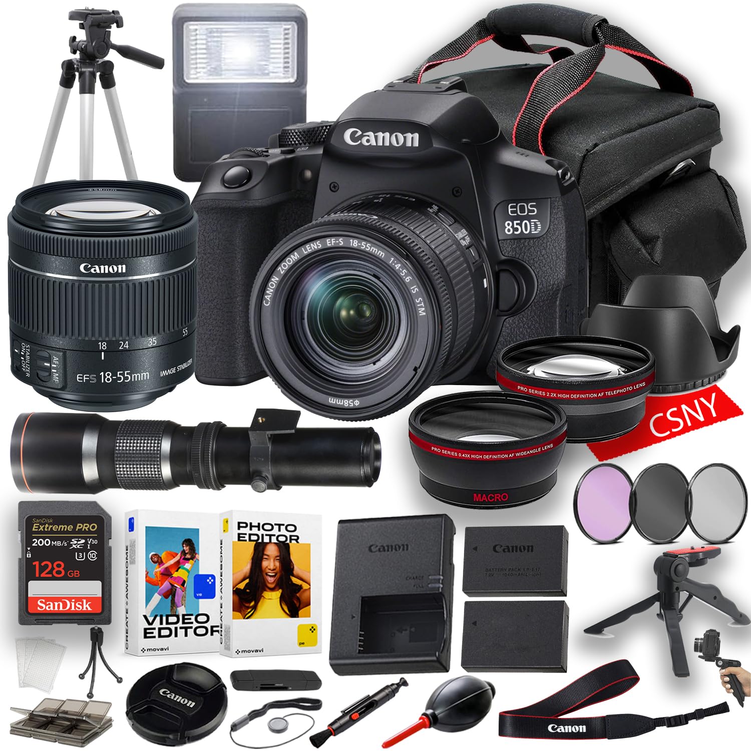 Canon EOS 850D (Rebel T8i) DSLR Camera with 18-55mm Lens + 128 GB Memory + Spare High Capacity Battery + Filters + Tripod + Mini Tripod + More (30 pc Bundle)