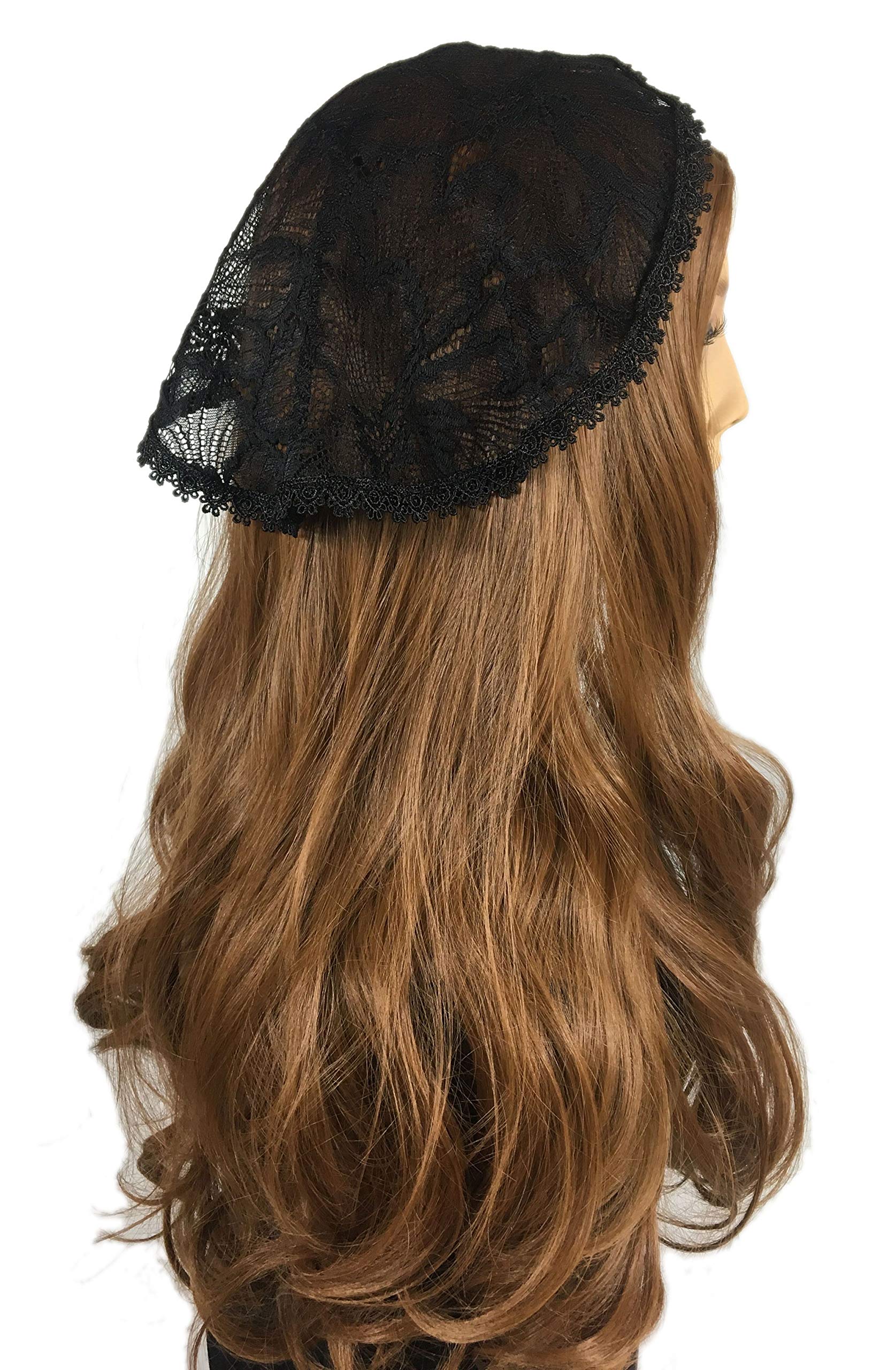 PAMOR Chapel Cap Veil Floral Lace Mantilla Inspired Circle Round Head Covering (Black)