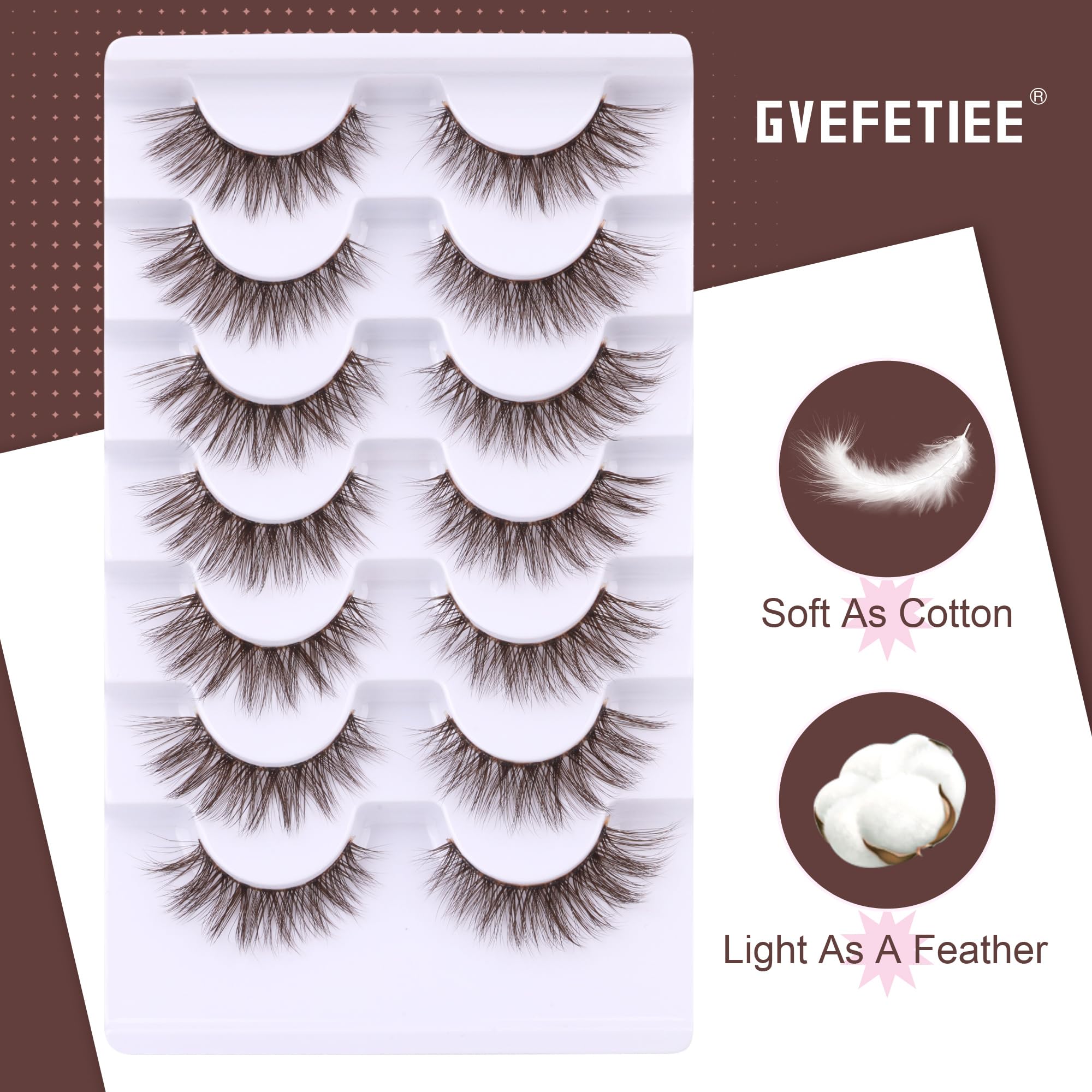 Brown Lashes False Eyelashes Mink Lashes Natural Look Fluffy Wispy Eyelashes Dark Brown Eyelashes Clear Band Lashes Pack by GVEFETIEE 7 Pairs